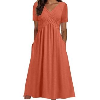Generic Robe d&eacute;t&eacute; &agrave; manches courtes avec col en V et manches courtes crois&eacute;es sur le devant pour femme - Robe d&eacute;t&eacute; fluide avec poches, Orange, 5XL