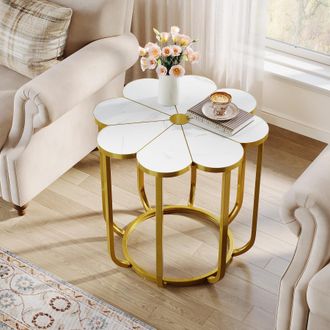 Tribesigns Beistelltisch Blumen Design, 60 cm Moderner Sofa Tisch mit Kunstmarmor, Nachttisch mit Goldfarbenem Metallgestell, Beistelltisch Holz f&uuml;r Wohnzimmer, 