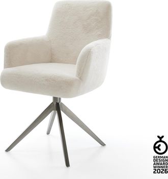 DELIFE Drehstuhl Heira-Flex mit Armlehnen Pl&uuml;sch Creme-Wei&szlig; Kreuzgestell breit Graphit 360&deg; drehbar Wippfunktion Taschenfederkern, Esszimmerst&uuml;hle