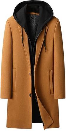 Generic Trench long en laine m&eacute;lang&eacute;e &agrave; simple boutonnage col crant&eacute; daffaires d&eacute;contract&eacute; dhiver caban capuche amovible pour homme, camel, XXL