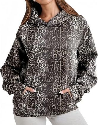 Generic Sweat &agrave; capuche l&eacute;opard surdimensionn&eacute; pour femme, sweat &agrave; capuche camouflage &agrave; manches longues, Noir, 4XL