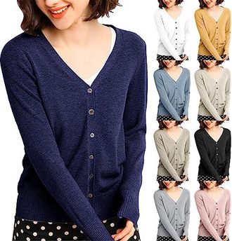 Generic Cardigan pour femme, cardigan &agrave; manches longues et col en V de couleur pure, cardigan extensible et doux, pull basique &agrave; boutons, pull tendance et pol