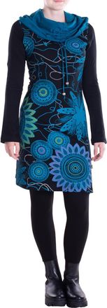 vishes Alternative Bekleidung - Damen Mandala-Kleid Schal-Kragen Langarm-Shirtkleid Baumwollkleid schwarz 42