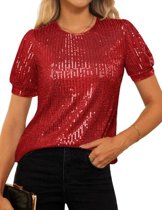 Grace Karin Festliches Top Pailletten Glitzer Oberteile Damen f&uuml;r Party Abend Rot XL