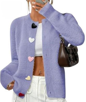 Generic Cardigan en tricot pelucheux pour femme - Chandail &agrave; col ras du cou - Chandail en tricot avec boutons en forme de coeur sur, violet, M