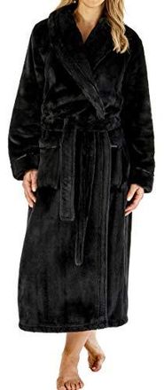 Slenderella Peignoir de bain super &eacute;pais et doux en velours noir uni avec col et ceinture facile &agrave; nouer pour femme Taille S 38 40, Noir
