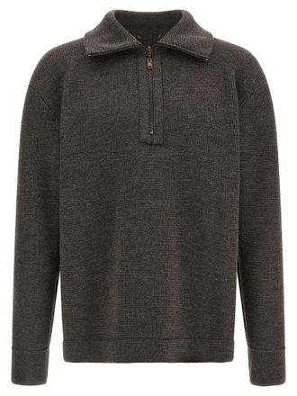 Maison Margiela Quarter-Zip Wool with Contrast Ribbon Sweater - Gray
