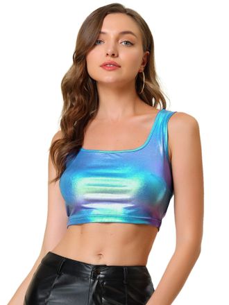 Allegra K Damen Halloween-Kost&uuml;m Metallic Crop Top Party Tanktop &Auml;rmellos Gl&auml;nzend Club Bauchfrei Oberteil Blau Silber XL