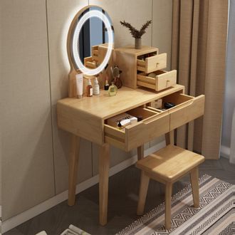 Generic LED beleuchteter Schminktisch mit Hocker Kompaktes Make-up Schreibtisch Rubberwood Kommode in mehreren Farben Doppelschublade Lagerung 31,5 Zoll Nussb