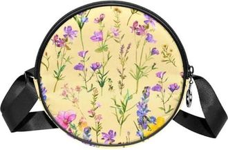 Generic Petit sac &agrave; bandouli&egrave;re rond pour femme, motif fleurs sauvages, sac &agrave; dos &agrave; bandouli&egrave;re r&eacute;glable avec fermeture &eacute;clair, sac &agrave; main rond d&eacute;contract&eacute; po