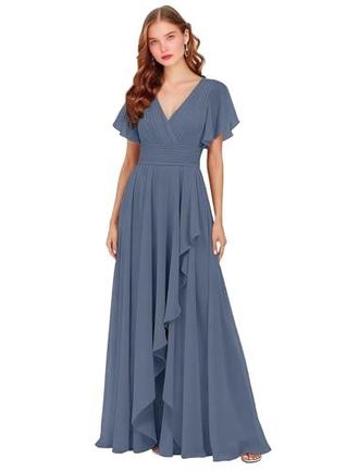 Generic Robe de demoiselle dhonneur en mousseline de soie &agrave; col en V pour femme, robe de soir&eacute;e formelle &agrave; manches flottantes avec fente, bleu acier, 46 Grand