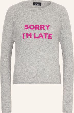Grace Grace Pullover Sorry Im Late Mit Schmuckperlen grau