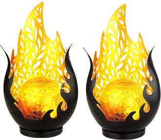 Globo Lighting Gartendeko Solarlampen f&uuml;r Au&szlig;en Outdoor Balkon Deko schwarz gold Flammenoptik Glaskugel, IP44 Akku Metall, 1x LED, LxBxH 16,5x12,5x26,5 cm, 2er Set