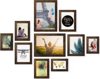 Photolini dunkle Eiche Bilderrahmen Set Holz MDF, Fotorahmen Set, 10er Bilderrahmenset Wand Collage, photo frames for wall mit Acrylglas aufhängen, Bilderrahmen