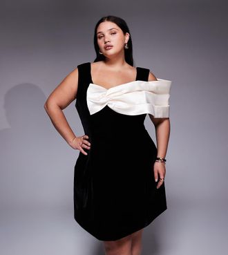 Asos Curve - Robe courte en velours et satin drapé structuré - Noir