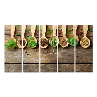 Islandburner Bild Bilder auf Leinwand Holzl&ouml;ffel mit frischen Kr&auml;utern und Gew&uuml;rzen auf Holzuntergrund Wandbild Poster Leinwandbild TFA