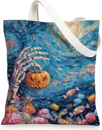 Generic Sacs fourre-tout en toile dHalloween, motif citrouille squelette, sacs dépicerie réutilisables, artistiques légers et lavables en toile Ba, coloré, 13