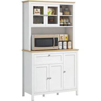 HOMCOM Buffet de cuisine haut 5 portes dont 2 portes vitr&eacute;es et 1 tiroir, 1 niche centrale - hauteur 180 cm blanc-Blanc
