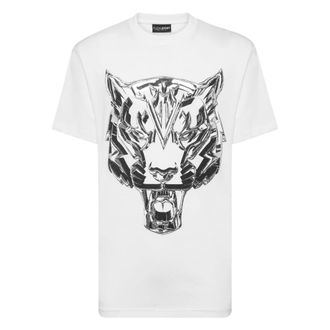 Plein Sport Homme, Tops, Blanc, Taille: 2XL T-Shirt Col Rond Tigre Chrome