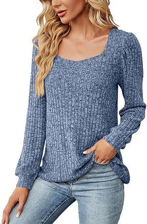 Generic T-shirt à manches longues pour femme, coupe droite, couleur unie, col carré, vêtement pour femme, vêtements pour la vie quotidienne, cadeaux de Noël, 