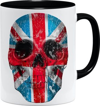 OM3 Union Jack Skull Kaffee-Tasse mit Totenkopf - Keramik Becher - 11oz 325ml - Beidseitig Bedruckt - Schwarz