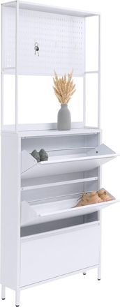 Mendler Schuhschrank HWC-O86, Schuhregal Schuhkipper, 3 Kippf&auml;cher Ablage Haken Metall 201x80x20cm - wei&szlig;