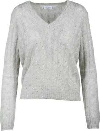 Brunello Cucinelli Femme, Pulls, Gris, Taille: 40 FR Pull Col V avec Strass