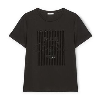 Motivi T-Shirt mit Pailletten und gesticktem Schriftzug - - Tops - Damen - Schwarzk - XS
