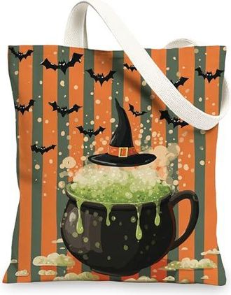 Generic Sacs fourre-tout en toile dHalloween, motif chaudron effrayant et chauve-souris, sacs dépicerie réutilisables, amusants, festifs, légers, lavables, Or