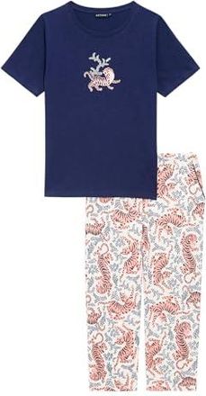 Arthur Pyjama Corsaire Femme Tigre - Ensemble de Pyjama Femme - T-Shirt Manches Courtes et Pantalon mi-Long - Coton Issu de lagriculture Biologique - Blanc -