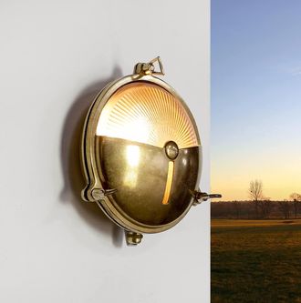 Licht-Erlebnisse Außenwandleuchte rund Echt-Messing Antik rostfrei massiv E27 Riffelglas Ø21cm Wandlampe Haus Terrasse Balkon