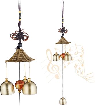Relaxdays Windspiel 2er Set, Metall Glockenspiel, draußen & drinnen, Garten Klangspiel, hängend, Feng Shui, Gold/schwarz