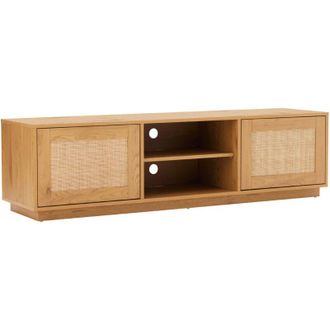Oviala Meuble TV suspendu en bois 2 portes en rotin L160 cm bois clair