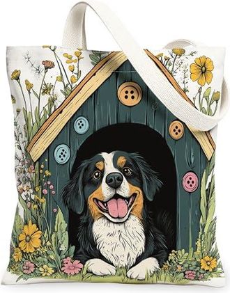 Generic Sac fourre-tout en toile motif chien de montagne bernois printanier 33 x 38,1 cm, niche amusante et r&eacute;utilisable, motif imprim&eacute; chien de montagne bern