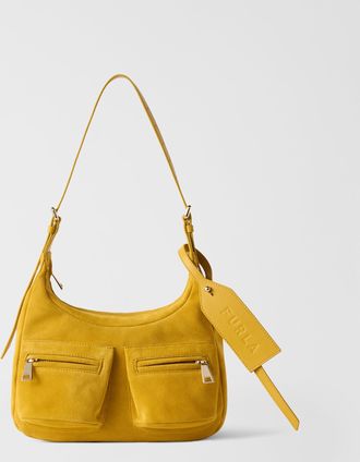 Furla Lynette Schultertasche M Toni Giallo Senape Gelb Wildleder Damen