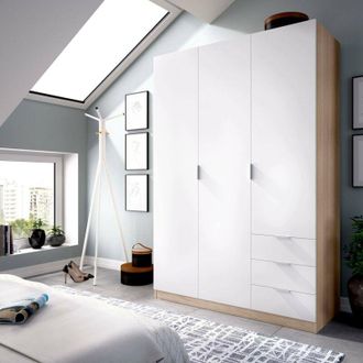 Dmora Dmora - Armoire Dbarro, Portemanteau pour chambre, Armoire avec 3 portes battantes et 3 tiroirs, 121x52h184 cm, Blanc et Ch&ecirc;ne