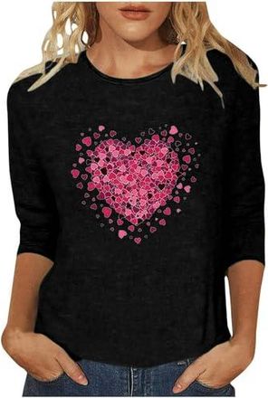 Generic T-shirt d&eacute;contract&eacute; &agrave; col rond et manches quart de coeur pour femme Cadeau de Saint-Valentin 2026, Noir, XXL