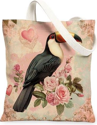Generic Sac fourre-tout en toile avec motif doiseau toucan pour le shopping, 33 x 38,1 cm, sac &agrave; bandouli&egrave;re r&eacute;utilisable pour femme, peinture romantique, d&eacute;c
