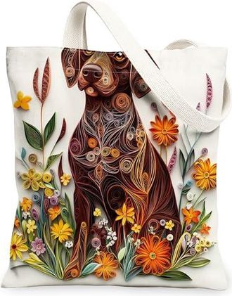 Generic Sac fourre-tout en toile &agrave; poils courts pour faire du shopping, 33 x 38,1 cm, motif chiot &agrave; fleurs sauvages amusantes, sac d&eacute;picerie r&eacute;utilisable pour