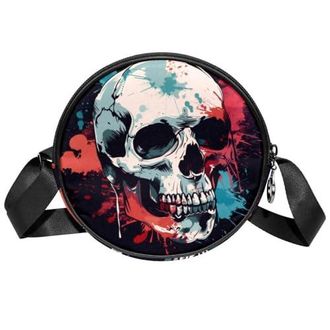 Generic Petit sac &agrave; bandouli&egrave;re rond pour femme, motif t&ecirc;te de mort, avec fermeture &eacute;clair, bretelles r&eacute;glables, style d&eacute;contract&eacute;, pour femmes et filles