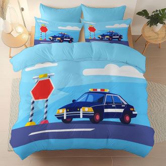 Generic Bettwäsche Cartoon, Polizei, Verkehr Bettbezug Set 135 x 200 cm 3PC+ 2 Kissenbezug für Kinder Erwachsene Zimmerdekoration Reißverschluss Blau Rot