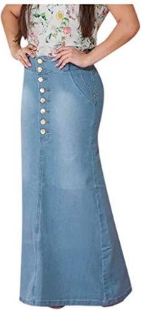 Generic A Line Jupe en jean pour femme - Jupe longue en jean - Taille haute - Boutonni&egrave;re &eacute;vas&eacute;e - Coupe ajust&eacute;e - &Eacute;l&eacute;gante - Avec poches - Tendance - Polyval