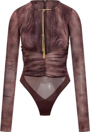 Elisabetta Franchi Femme, Tops, Brun, Taille: 36 FR Body en tulle &agrave; manches longues