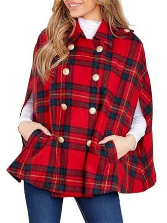 Generic Manteau dhiver &agrave; carreaux pour femme, manteau cape dhiver &agrave; double boutonnage, veste &eacute;l&eacute;gante &agrave; carreaux pour lext&eacute;rieur, Rouge, XXL