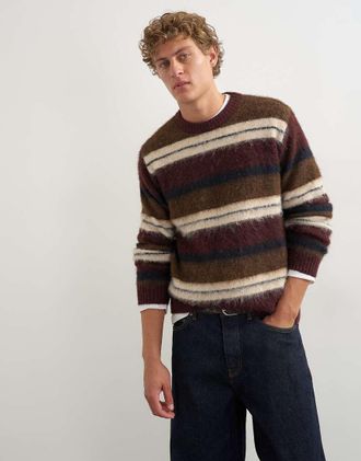 Topman pull en maille duveteuse &agrave; rayures coupe relaxed bordeaux-Rouge