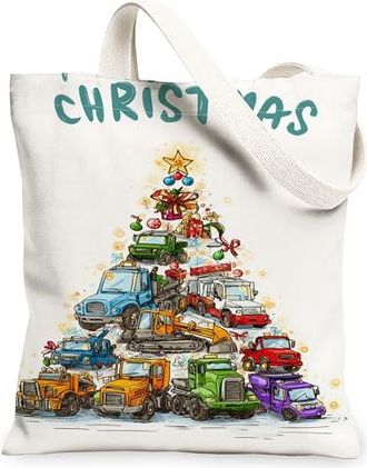 Generic Sacs fourre-tout en toile pour camion de No&euml;l, motif v&eacute;hicules de vacances, sacs d&eacute;picerie r&eacute;utilisables, l&eacute;gers et lavables avec bandouli&egrave;re, blanc, 