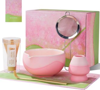 Zens Matcha Set Rosa, Matcha Tee Set mit Matcha Besen, Keramik Matcha Schale & Besenhalte und Matcha-Pulversieb & Teetuch, 6 St&uuml;ck f&uuml;r Matcha Ceremonial, G