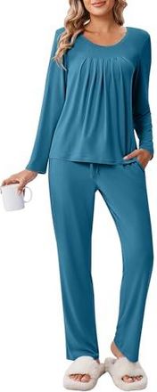 Ekouaer Vêtements De Nuit Chaud Pyjama Femmes Hiver Pyjama 2 Pièces Col Rond Manches Longues Haut et Bas Ensembles Longs, Sarcelle, S