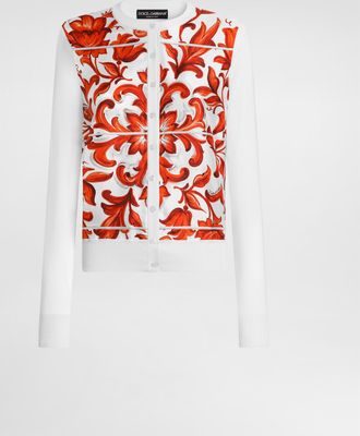 Dolce & Gabbana Cardigan Aus Seide Und Twill Mit Majolika-print - Frau Strickwaren Multicolor 42