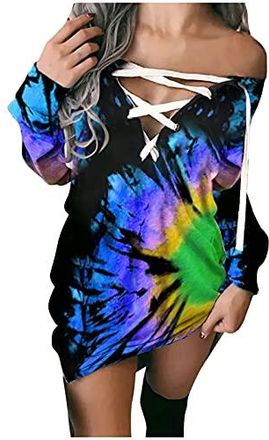 Generic Robes amincissantes 2026 pour femmes, robe &agrave; bretelles d&eacute;nud&eacute;es, col en V, manches longues, l&eacute;g&egrave;re, fine, imprim&eacute;e tie-dye, bleu, XXL